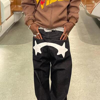 Printed design low waist loose straight leg jeans男款