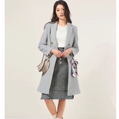 R家秋季韩系时尚宽松蝴蝶结甜美淑女修身毛呢大衣外套RCJW91101C