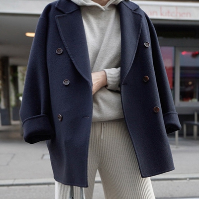 双面羊毛呢中长双排扣西装领大衣