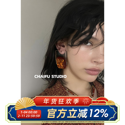 港风古着拼接亚克力方形耳钉