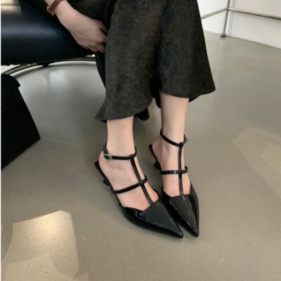 批发简约T字带尖头包头中低跟罗马高帮女凉鞋5CM大码夏季酒红女鞋