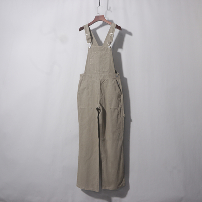 浅军绿方口袋直筒背带水洗纯棉潮流复古情侣阔腿宽松背带裤工装裤