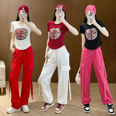 广场舞服装新中式国风刺绣短袖长裤休闲运动套装女夏季民族风套装