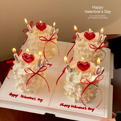 214情人节ins风简约蛋糕装饰蝴蝶结丝带摆件情侣告白爱心蜡烛插件