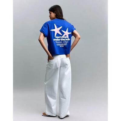 Bershka Oversize 蓝色印花全棉短袖T恤英国正品代购2026年春