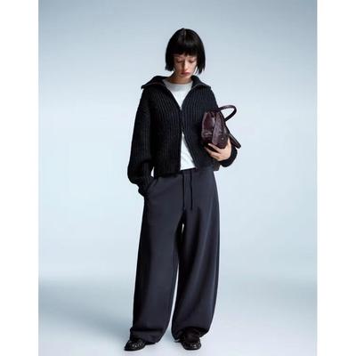 女子深蓝色 plush 桶形裤英国正品代购2025年冬时尚休闲宽松长裤