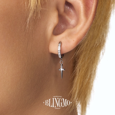 BLINGMO 钛合金F136剑心镶钻十字架耳环耳圈男款防过敏朋克耳饰