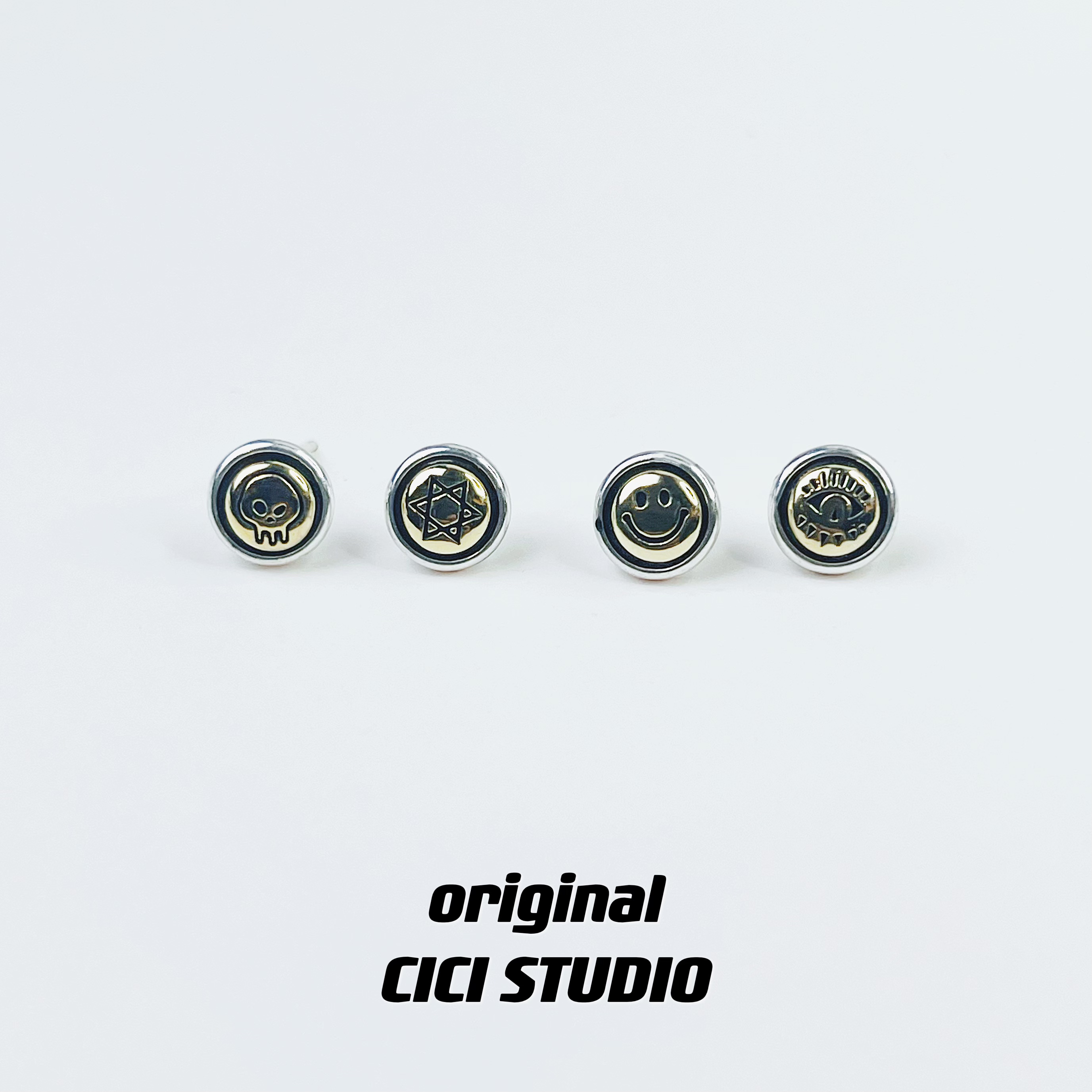 CICI无性别金银双色笑脸符恶魔之眼文古银工艺S925银针耳钉情侣_虎窝淘