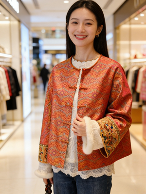 真丝宋锦袖口刺绣外套敦煌团花苗绣外套洋气改良团花圆领盘扣外套