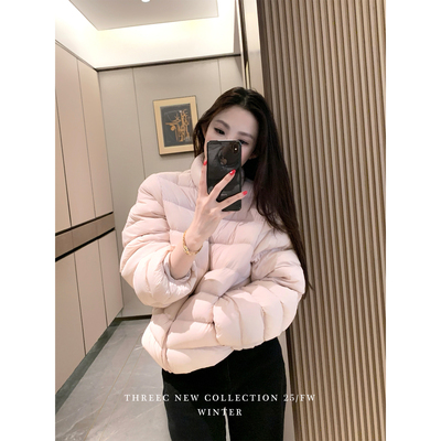 三喜threec 法式时髦感奶泡粉白鸭绒排骨羽绒服女冬短款保暖外套