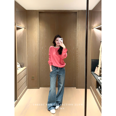 三喜threec “100%羊毛定染色”不厚但够暖超绝粉色针织毛衣女秋