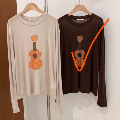 现货韩国dohwaji秋冬 圆领吉他印花舒适天丝羊毛宽松长袖T恤女