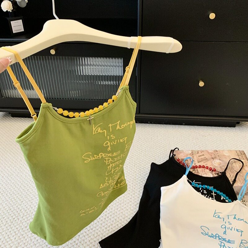 美式辣妹字母印花串珠链条吊带背心夏季打底外穿带胸垫上衣52403