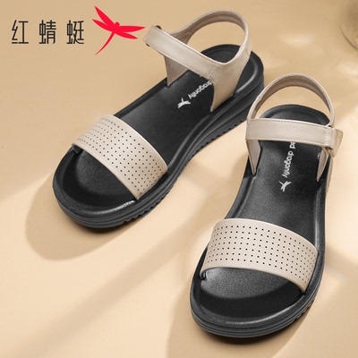 红蜻蜓女鞋夏季新款牛皮舒适平底凉鞋女 一字带魔术贴软底妈妈鞋