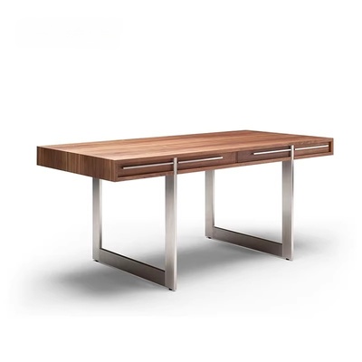 意式极简实木不锈钢胡桃色办公桌