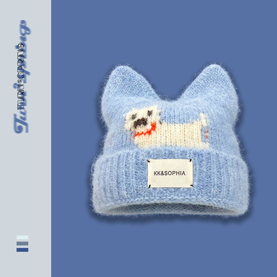 韩版猫耳朵针织帽可爱小狗