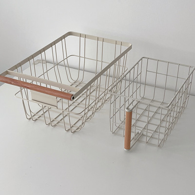 AAlisasa 出口款新品实木拉手铁艺收纳筐桌面摆件零食杂物收纳篮