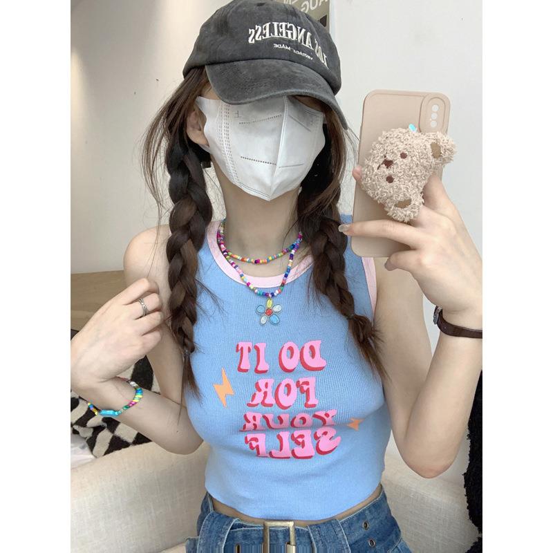 夏日多巴胺穿搭美式撞色小吊带背心女外穿短款无袖t恤甜辣妹上衣