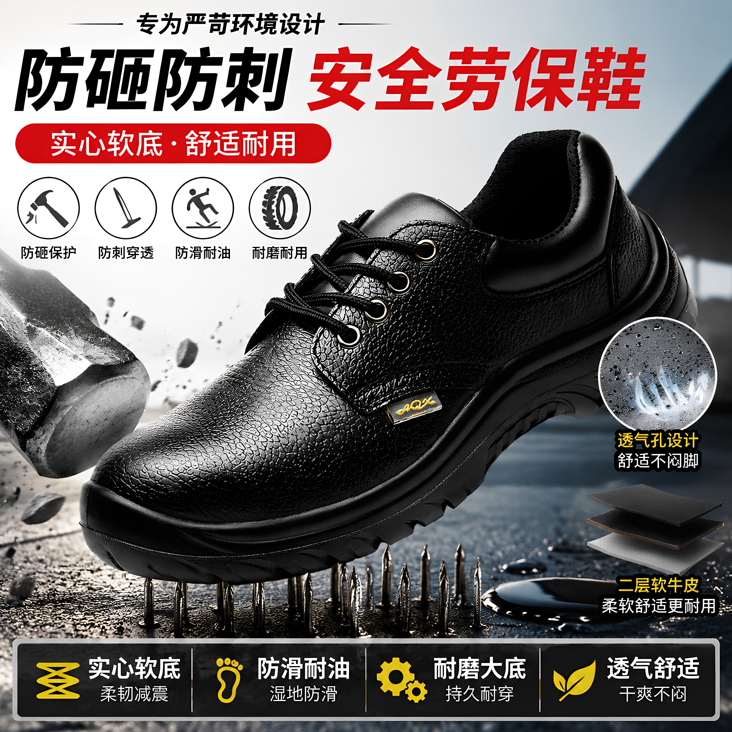 二层牛皮劳保鞋透气软底真皮鞋工作防砸防臭防滑防水实心底男鞋子