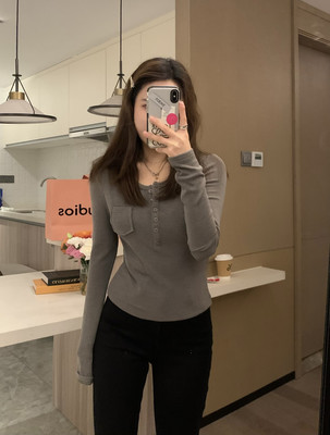 VASSE 口碑款 百搭好穿显瘦灰色纽扣t 纯欲打底长袖磨绒T恤上衣