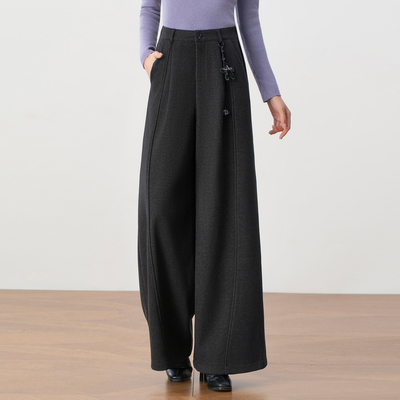 高级感高腰黑色阔腿裤女2025冬季新款垂坠宽松显瘦百搭毛呢休闲裤