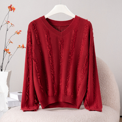 红色V领流苏针织衫女秋冬2025新款韩版小众绝美软糯宽松显瘦毛衣
