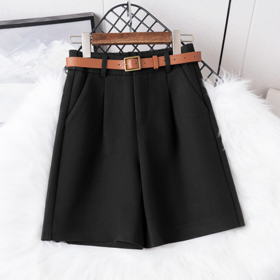 高腰显瘦黑色五分短裤女2025秋冬新款毛呢松紧宽松A字直筒阔腿裤