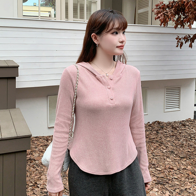 小波家2026秋季胖mm纯欲正肩修身显瘦连帽长袖上衣