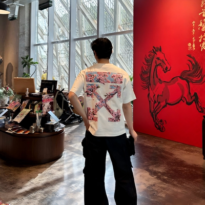 新款OFF樱花刺绣箭头情侣短袖T恤