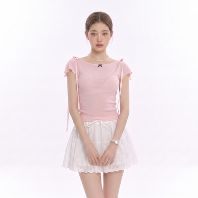 凉感T恤小衫女夏丝带蝴蝶结开叉短袖修身上衣
