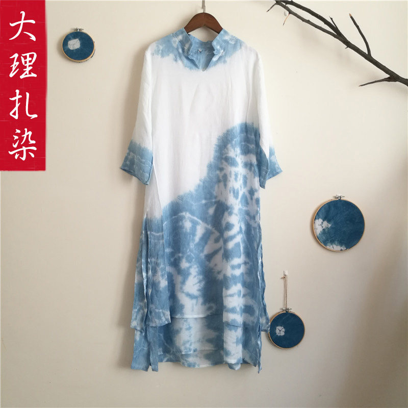 扎染连衣裙女夏季禅茶服云染民族风丽江云南大理白族手工蓝染裙子