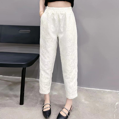 大码女装松紧腰暗花休闲裤九分裤