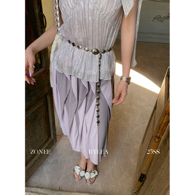 ZONEE/LEA宋亦雯 波斯之花 法式复古设计感网纱拼接百褶半身裙女