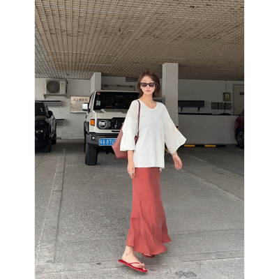 【盛朗熙Ares Mines】暮色流光 雾面丝光感松紧纯色A字鱼尾半身裙