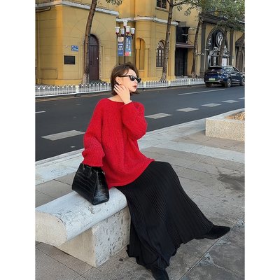 【盛朗熙AresMines】奶芙草莓 肌理感宽松套头一字圆领针织毛衣女