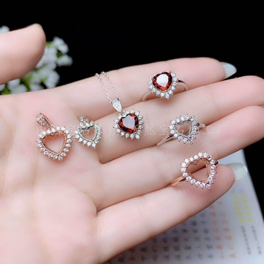 s925纯银 心形6 7 8mm戒指+吊坠 套装空托 镶钳晶石 彩宝 围钻款_虎窝淘