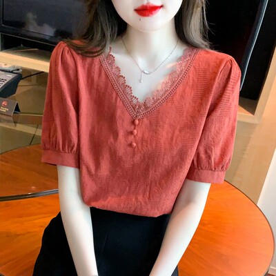 V领纯棉衬衫女洋气全棉短袖