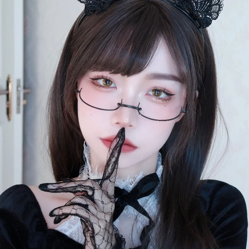 ins网红下半框眼镜女日系二次元御姐半截cos无镜片凹造型软妹个性_虎窝淘