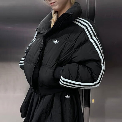 adidas阿迪达斯三叶草高领面包服2025冬女蓬松短款棉服棉袄JX2970