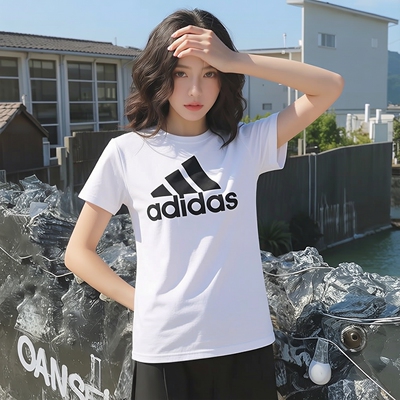阿迪达斯女子短袖夏季纯棉白T恤运动服跑步半袖透气圆领GL0649