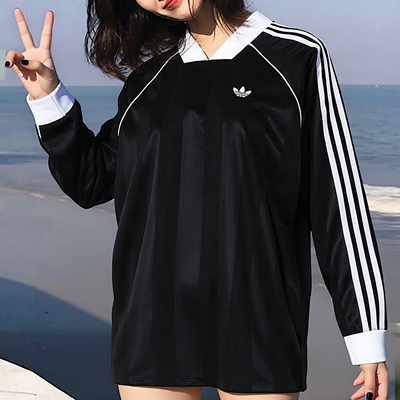 adidas三叶草宽松球衣长袖T恤26夏女装黑色套头衫KD2897