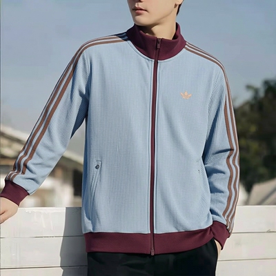 Adidas阿迪达斯三叶草新款条纹撞色华夫格运动服休闲夹克KY5770