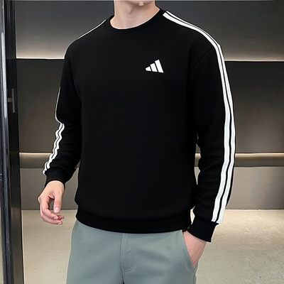 阿迪达斯男装黑色圆领卫衣26春新款三条纹宽松套头衫运动服KR2614