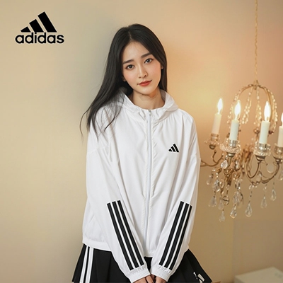 adidas阿迪达斯女装梭织夹克白色外套26新款跑步连帽运动服KC7655