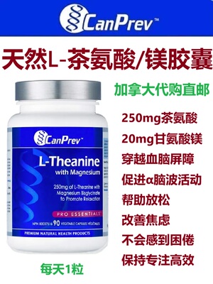 CanPrev天然L-茶氨酸/双甘氨酸镁胶囊加拿大代购直邮Theanine Mag