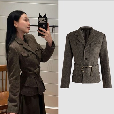 老钱风西装女秋季修身腰带收腰外套西服【1219】