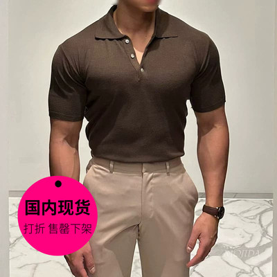 【特价现货】韩国东大门男装轻薄羊毛混纺翻领针织短袖T恤-TS2823