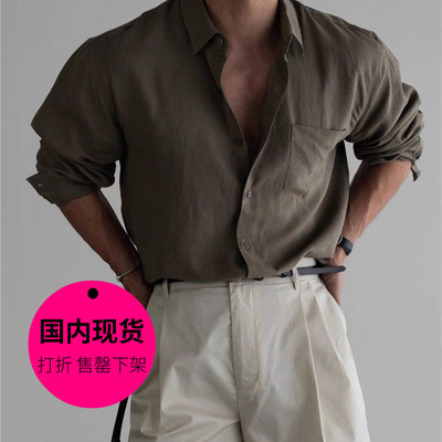 【特价现货】韩国东大门男装亚麻天丝混纺轻薄宽松长袖衬衫SH1786