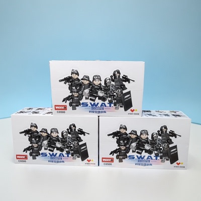 沃马积木corps特警战玩具男孩益智力拼装队小人拼插军事警察人仔