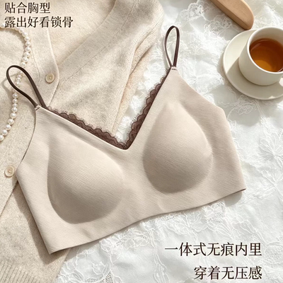 薄杯V领蕾丝细肩带无痕内衣女大胸显小收副乳防下垂美背抹胸9660